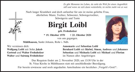 Traueranzeigen Von Birgit Loibl Mittelbayerische Trauer