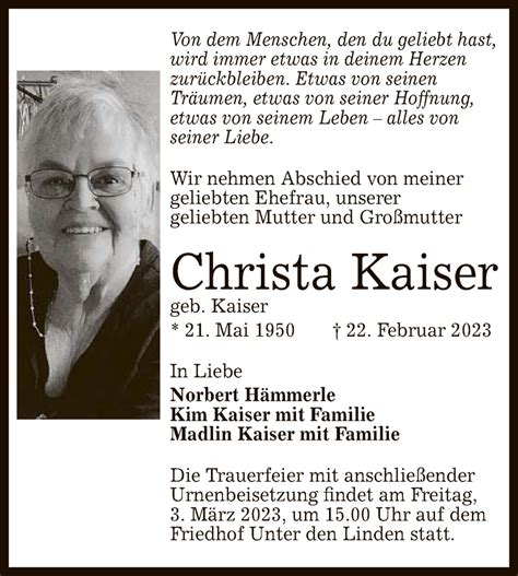Traueranzeigen Von Christa Kaiser Trauer Gea De