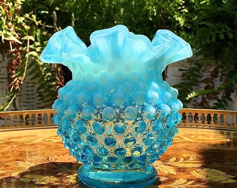 Fenton Opalescent Blue Hobnail Squat Vase Etsy