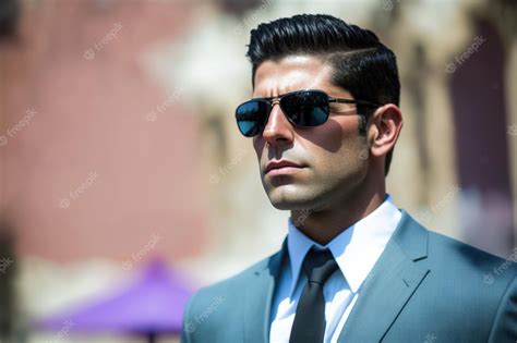 Premium Ai Image A Man In A Suit And Sunglasses Stands In Front Of A