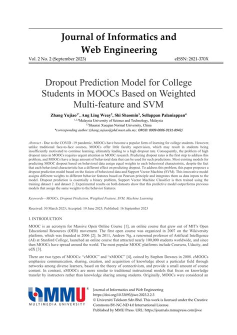 PDF Dropout Prediction Model For College Students In MOOCs Based On Weighted Multi Feature And SVM