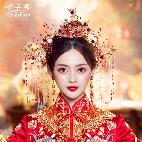 秀禾头饰新娘2023款奢华大气流苏红色中式古装重工大婚凤冠秀禾服虎窝淘