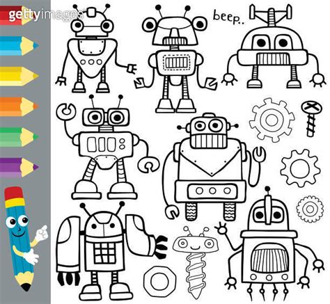 coloring book of hand drawn robots cartoon with robots element 이미지