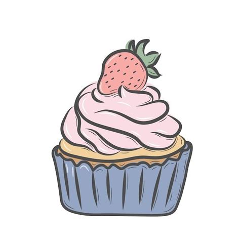Sweet Cupcake Drawing With Cream And Strawberries