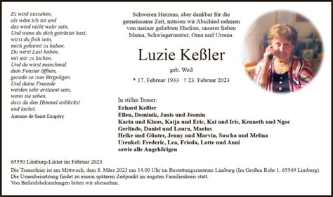 Traueranzeigen von Luzie Keßler vrm trauer de