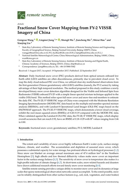 Pdf Fractional Snow Cover Mapping From Fy 2 Vissr Imagery Of China