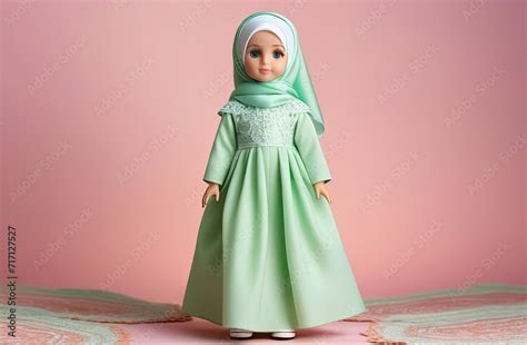 Muslim Doll In Hijab Wearing Green Hijab On Pink Background Muslim
