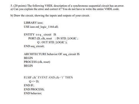 Solved 5 20 Points The Following Vhdl Description Of A