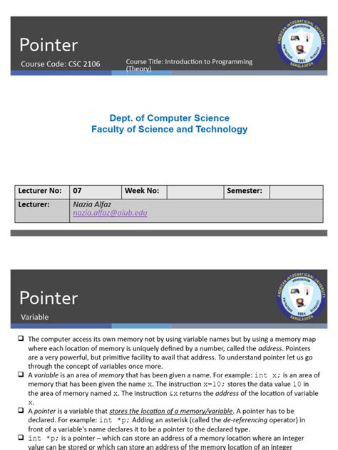 Lecture 7 Pointer Pdf Pointer Computer Programming Integer Computer Science