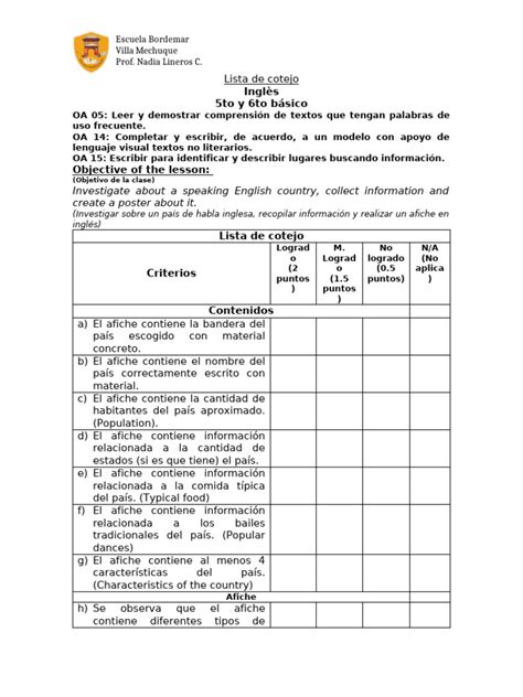 Lista De Cotejo En Ingles