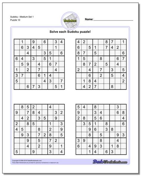 Math Worksheets Sudoku Sudoku Sudoku Medium Set 1
