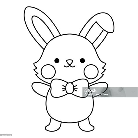 벡터 흑백 부활절 토끼 아이콘 아이 들을위한 귀여운 귀여운 선 토끼 그림 또는 색칠 공부 페이지 재미 있는 만화 토끼 캐릭터 활에 전통적인 봄 휴가 기호 0명에 대한 스톡