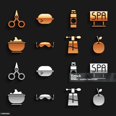 눈 수면 마스크 스파 살롱 간판 사과 향수 그릇에 담긴 바다 소금 크림 또는 로션 화장품 튜브 가위 및 레몬 아이콘을 설정합니다 벡터 가위에 대한 스톡 벡터 아트 및 기타