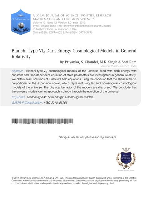 Pdf Bianchi Type Vi0 Dark Energy Cosmological Models In Generalrelativity