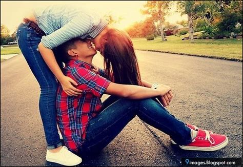 Cute Couple Kiss Sunset Road Outdoor