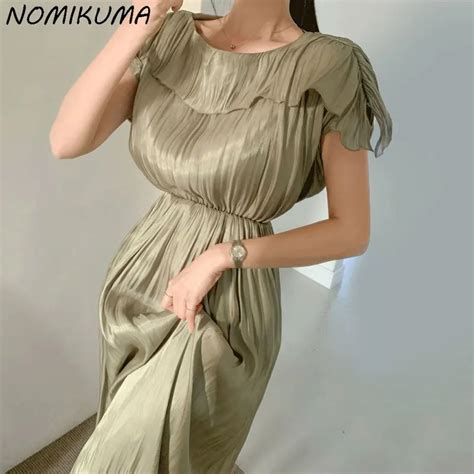 Nomikuma 한국 세련 된 여름 여자 드레스 우아한 O 목 프릴 접기 새틴 플라잉 슬리브 드레스 2022 패션 높은 허리