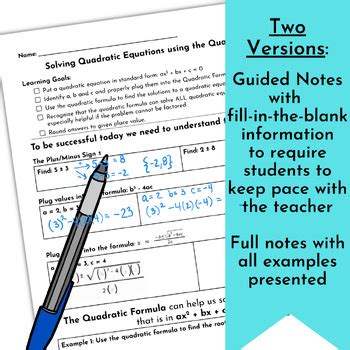 Quadratic Formula Guided Notes For Algebra By Algebra Onederland