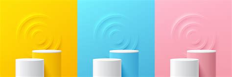 노란색 파란색 분홍색 흰색 실린더 받침대 연단의 세트 파스텔 컬러 배경이 있는 엠보스 링 셰이프 추상 벡터 렌더링 3d 셰이프입니다 제품 디스플레이 프레젠테이션 최소한의 벽