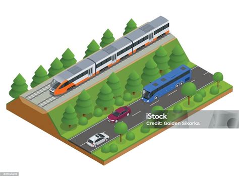 아이소메트릭 철로 그리고 현대 기차입니다 철도 아이콘입니다 현대 고속 빨간 통근 열차입니다 평면 3 차원 등각 투영 벡터
