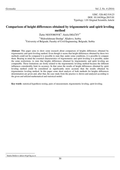PDF Comparison Of Height Differences Obtained By Trigonometric And Spirit Leveling Method