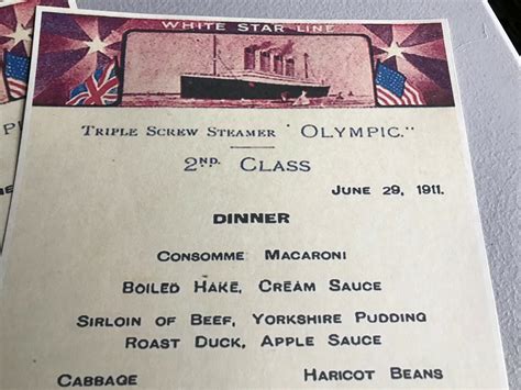 Rms Olympic Second Class Dinner Menu June 29 1911 Reprint Very Nice