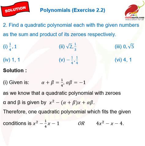 Find A Quadratic Polynomial Each With The Given Numbers As The Sum And