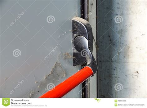 Closed Up Latch And Door Handle Of Emergency Exit Push Bar And Rail