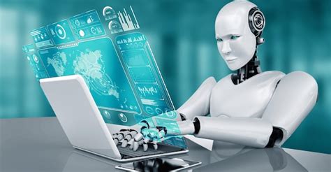 Premium Photo Robot Hominoid Use Laptop And Sit At Table For Big Data Analytic