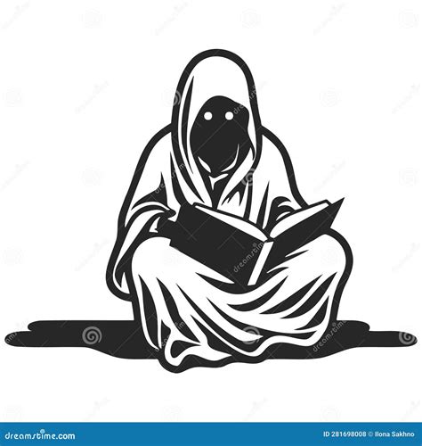 Cute Ghost Read Book Draw Illustration In Black And White Stock Vector