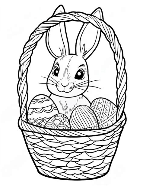 Cute Easter Bunny In Basket With Decorated Eggs Coloring Sheet