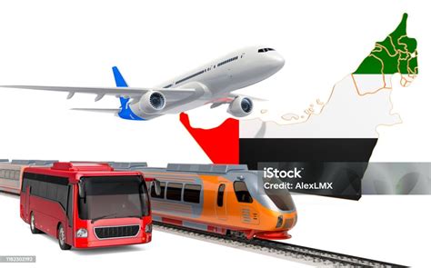버스 기차 비행기 개념에 의해 아랍 에미리트 의 여객 수송 흰색 배경에서 격리된 3d 렌더링 3차원 형태에 대한 스톡 사진 및 기타 이미지 Istock
