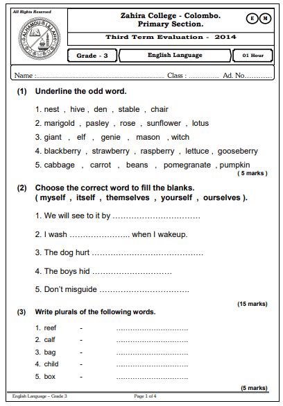 Grade 03 English 3rd Term Test Paper 2014 English Medium Zahira College