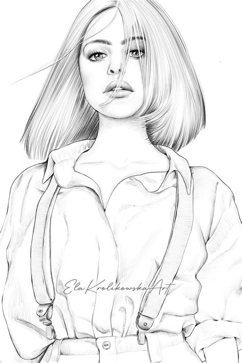 Beauty Female In Suspenders Premium Coloring Page Grayscale Etsy