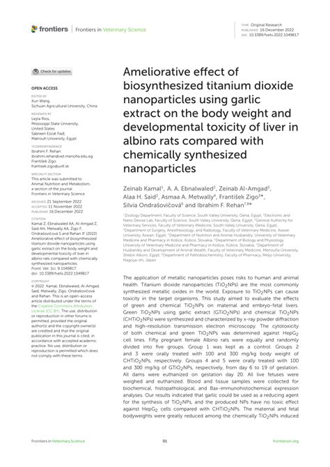 Pdf Ameliorative Effect Of Biosynthesized Titanium Dioxide Nanoparticles Using Garlic Extract