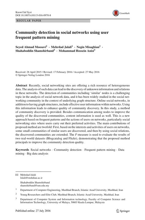 pdf community detection in social networks using user frequent