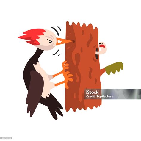 귀여운 딱따구리는 나무에 앉아 하 고 노크 흰색 배경에 재미 있는 새 만화 문자 벡터 일러스트 레이 션 딱따구리에 대한 스톡