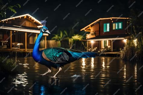 Premium Photo A Peacock Is Standing In The Water With A Blue And