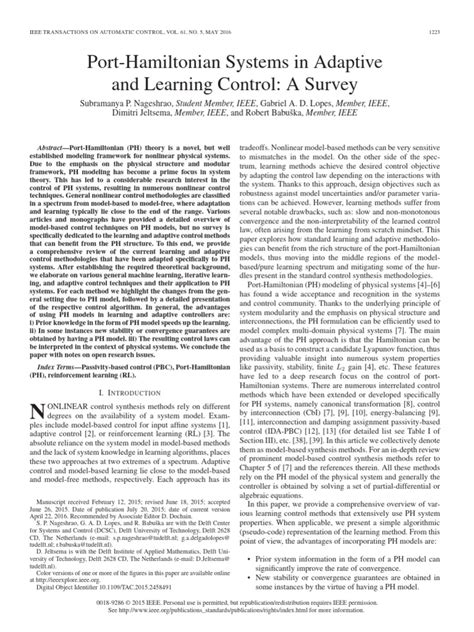 Port Hamiltonian Systems In Adaptive And Learning Control A Survey Pdf