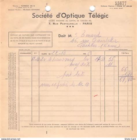 1936 FACTURE Optique Telegic Paris 75 Emard Poitiers 86 EUR 10 00
