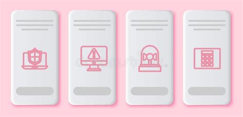 Set Line Laptop Protected With Shield Monitor Exclamation Mark Flasher Siren And Password