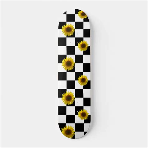 Black And White Checkered And Sunflower Print Skateboard Zazzle