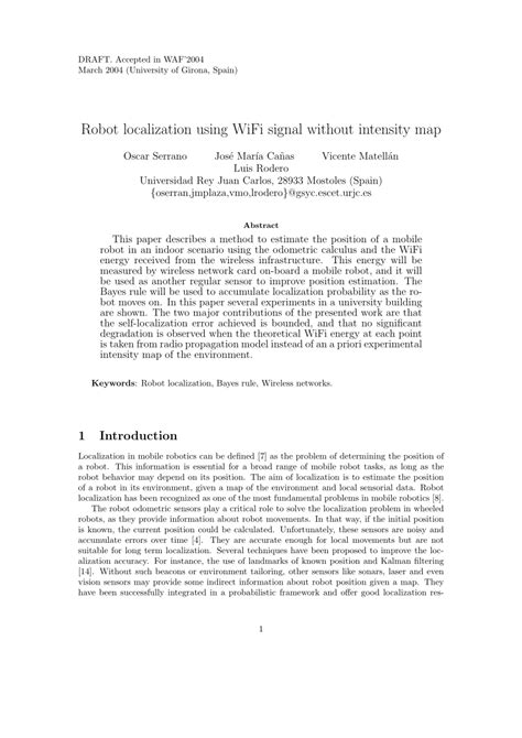 Pdf Robot Localization Using Wifi Signal Without Intensity Map
