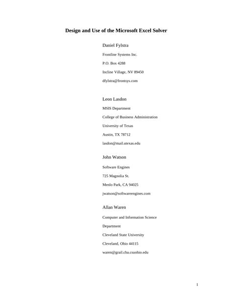 pdf design and use of the microsoft excel solver