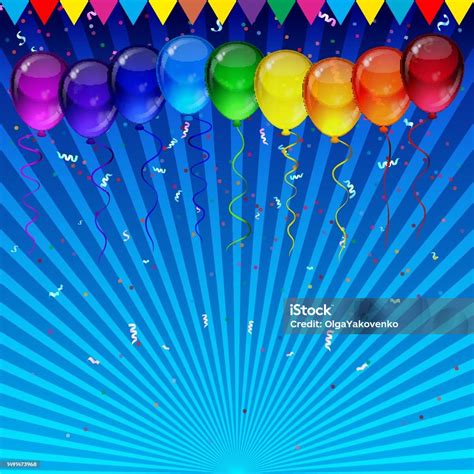 생일 파티 벡터 배경 사실적인 투명성 다채로운 축제 풍선 색종이 텍스트를위한 공간이있는 고립 된 흰색 배경에서 축하 카드를 위해 날아가는 리본 국경에 대한 스톡 벡터 아트