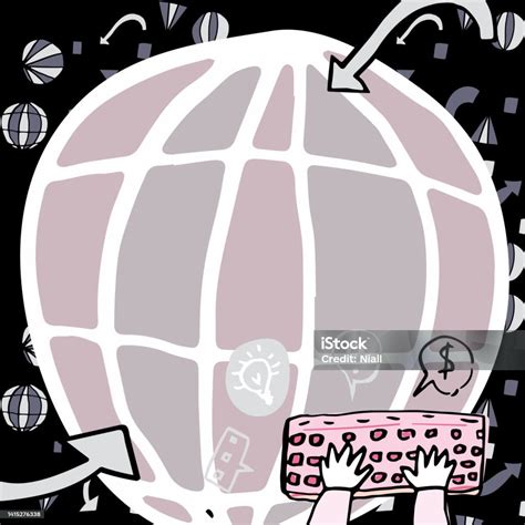 Hand Typing Keyboard Against World Globe And Arrows On Background