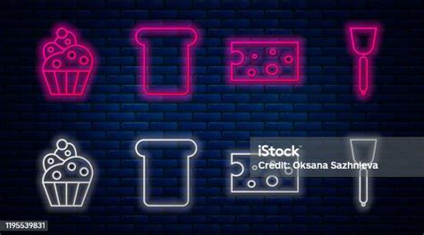 세트 라인 빵 토스트 치즈 컵 케이크와 주걱 벽돌 벽에 빛나는 네온 아이콘입니다 벡터 0명에 대한 스톡 벡터 아트 및 기타 이미지 Istock