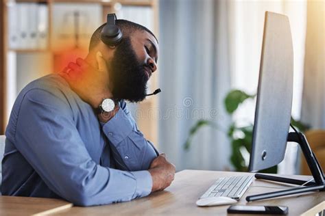 Call Center Customer Support And Black Man With Neck Pain Injury And