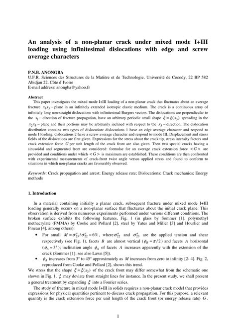 Pdf An Analysis Of A Non Planar Crack Under Mixed Mode I Iii Loading Using Infinitesimal