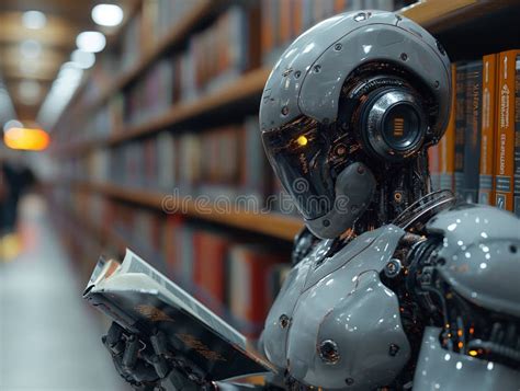 Modern Robot In The Library Reads Books Ai Research Of Robot And Cyborg Development For Future