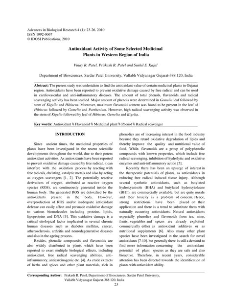 Pdf Antioxidant Activity Of Some Selected Medicinal Plants In Western